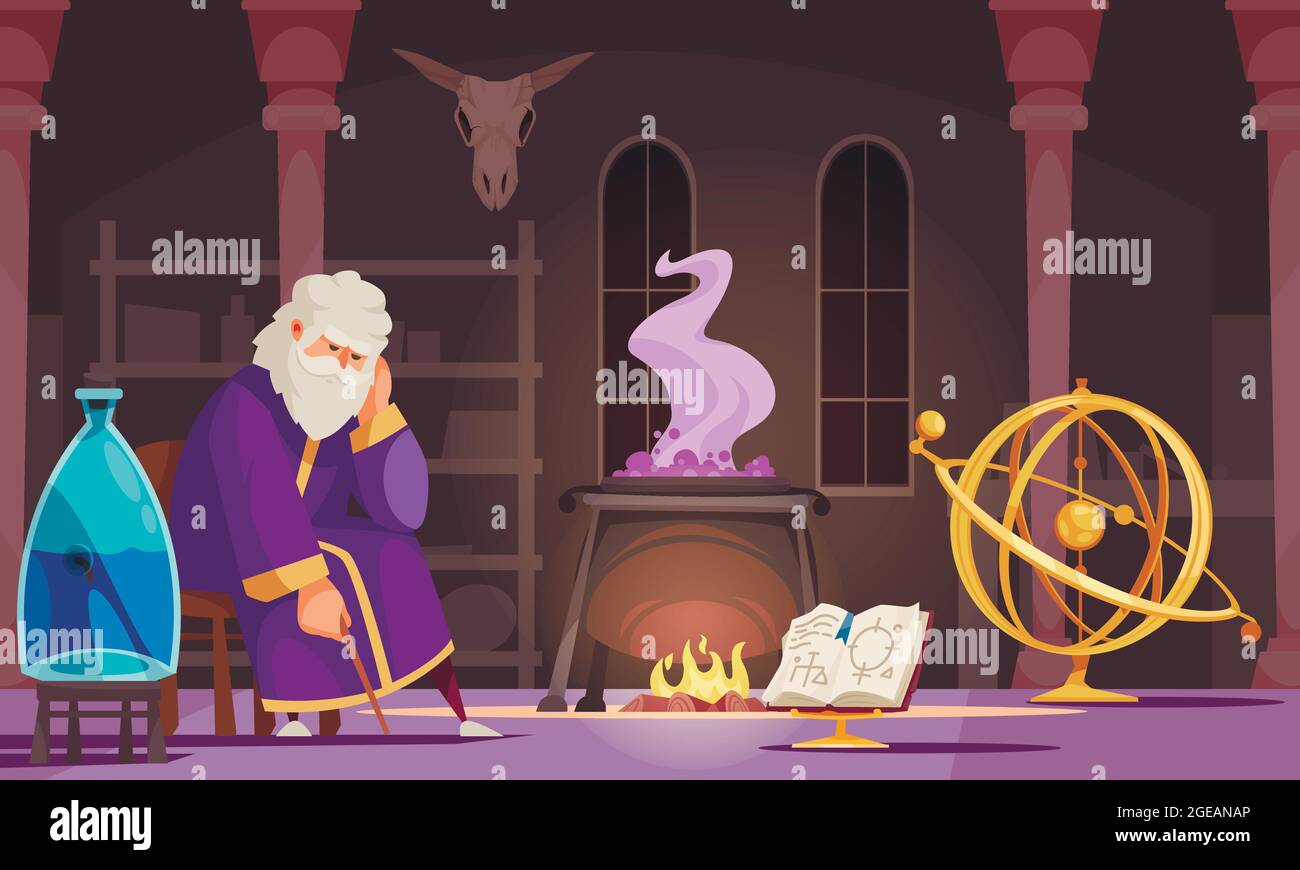 Ancien alchimiste faisant des potions dans l'illustration sombre de ...