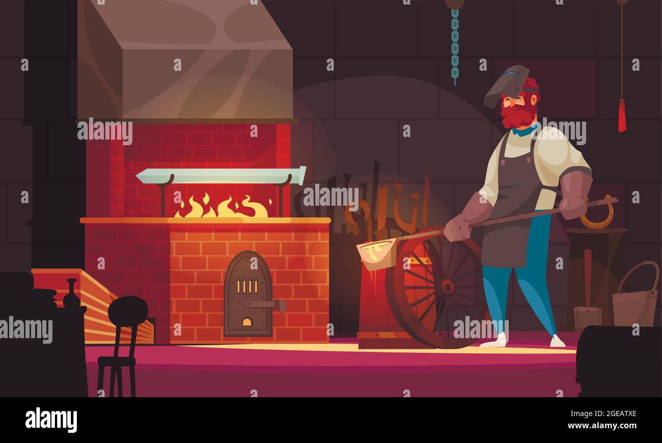 Forgeron dans l'atelier forgeant une lame d'épée faite sur mesure en ...