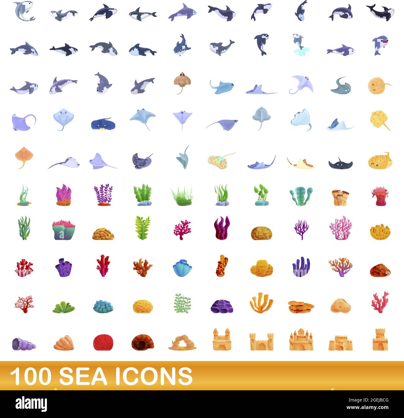 100 icônes de mer définies. Illustration de dessin animé de 100 icônes ...