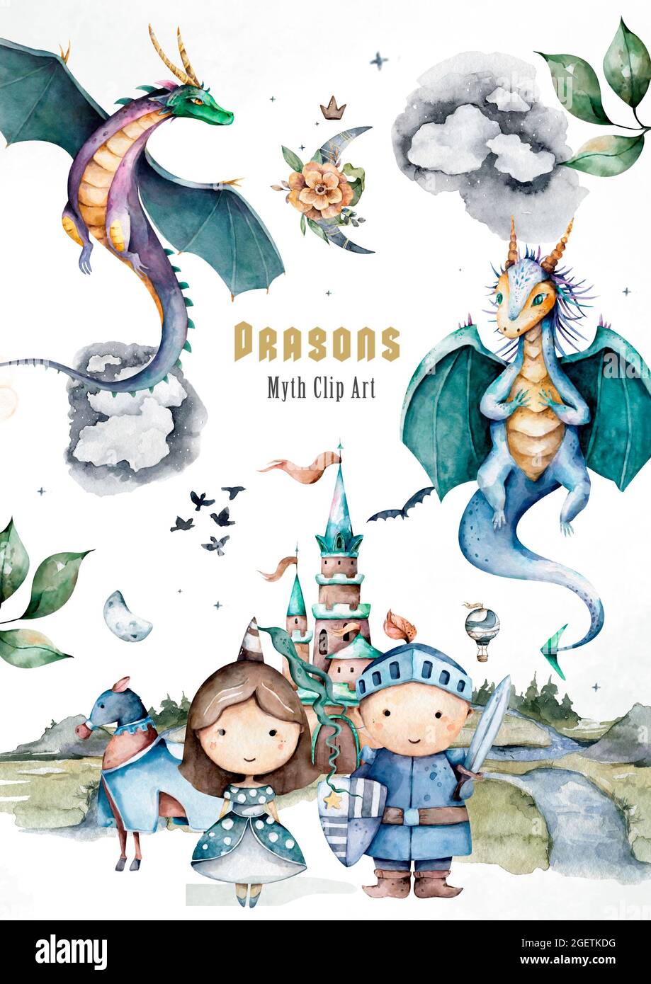 Le petit chevalier et la jolie princesse avec le château, dragon vert ...