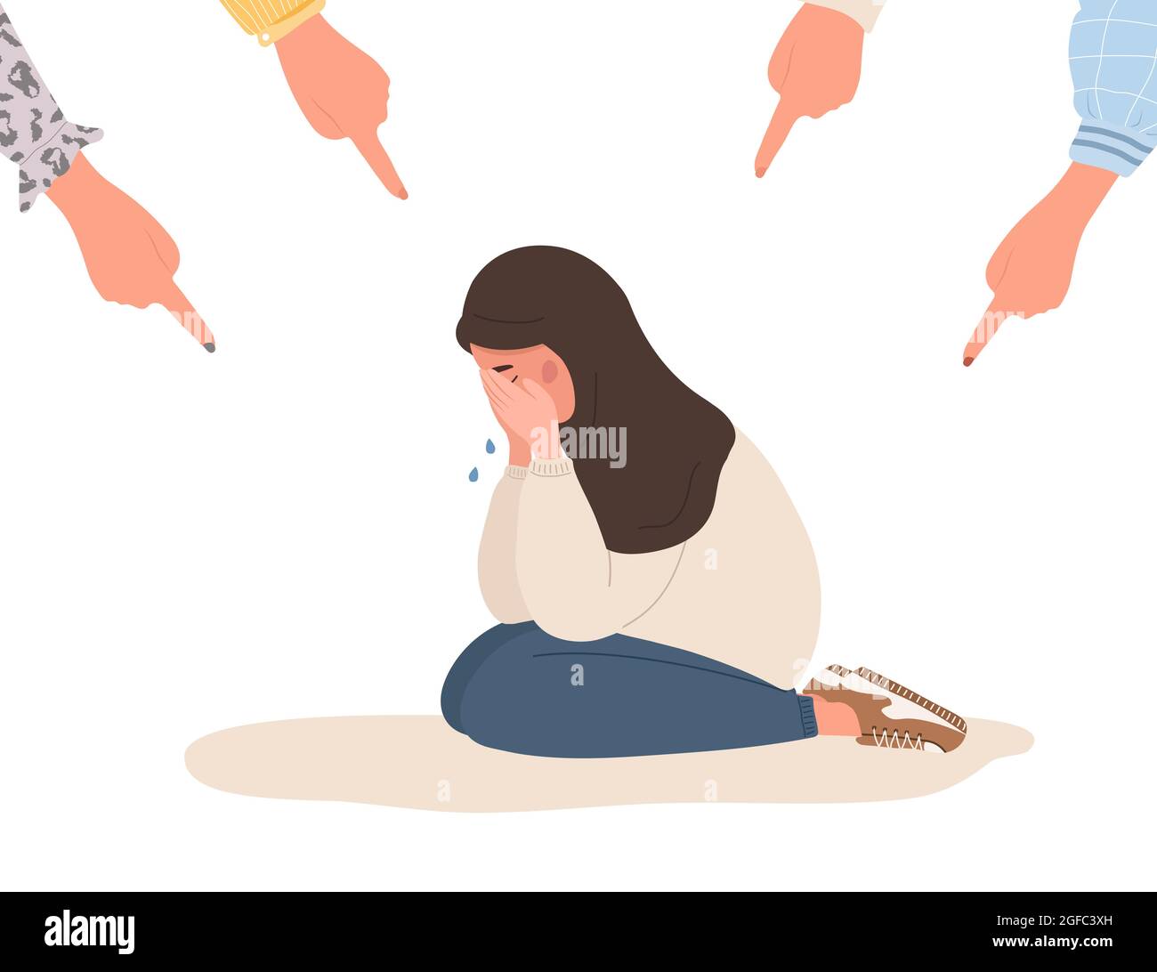 Intimidation sociale. Les doigts pointant sur la triste fille arabe ...