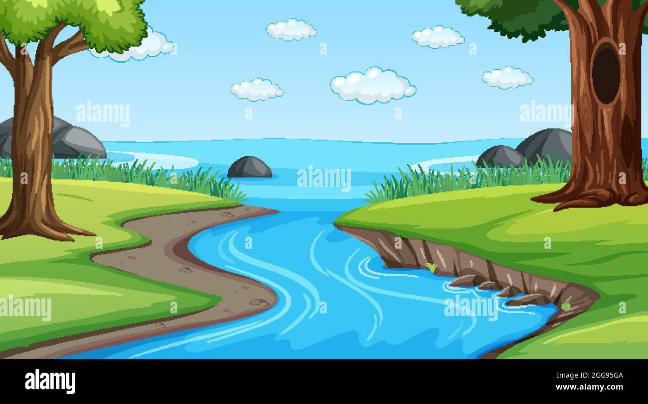 Nature forêt paysage à la scène de jour avec long fleuve coulant à ...