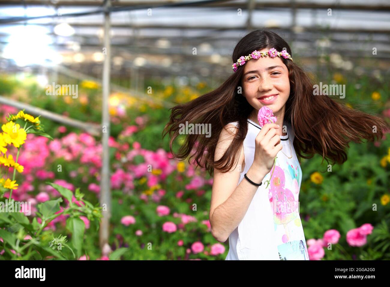 Jeune fille de 12 ans en robe blanche dans une serre de fleurs roses ...