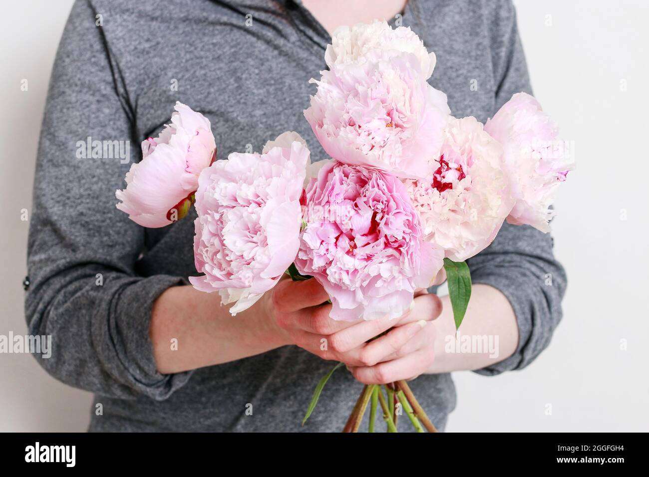 Femme aux pivoines roses Banque de photographies et d’images à haute ...