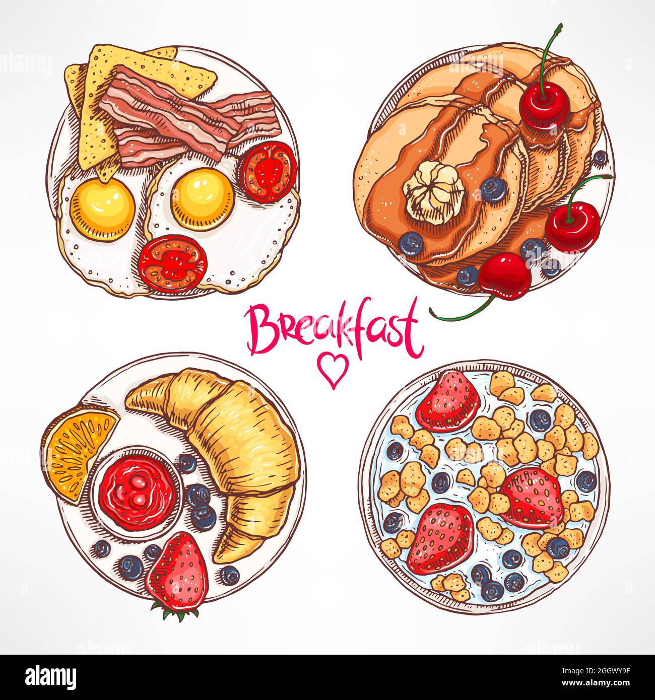 ensemble avec quatre types de petit-déjeuner différents. illustration ...