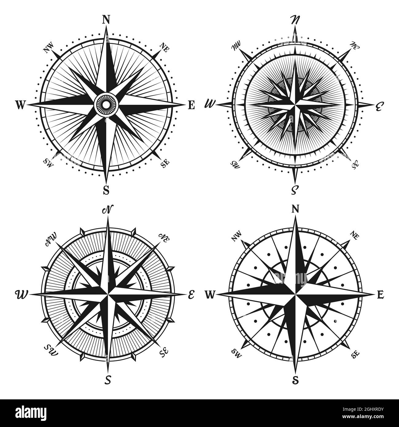 Rose marine vintage, carte nautique. Compas de navigation monochrome ...
