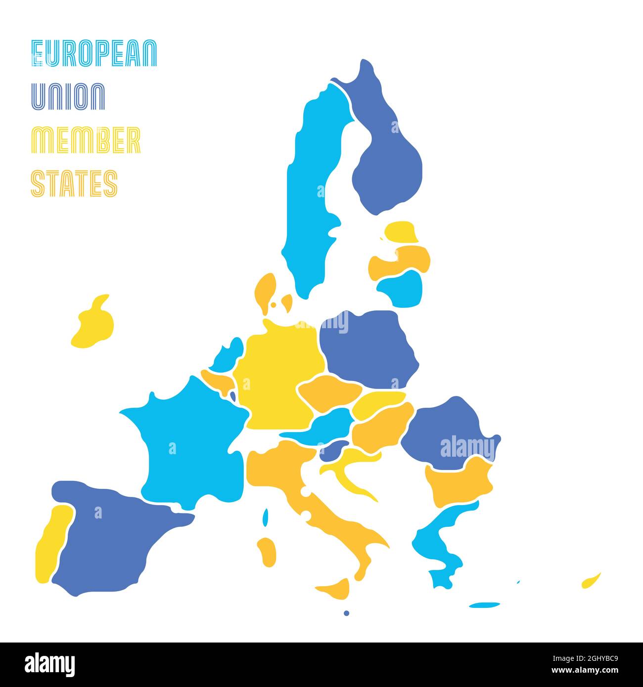 Carte simplifiée de l'UE, de l'Union européenne. Formes arrondies des États avec bordure lissée ...