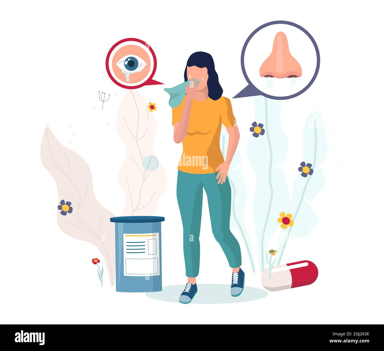 Femme souffrant d'éternuements, nez qui coule, yeux rouges larmoyants ...