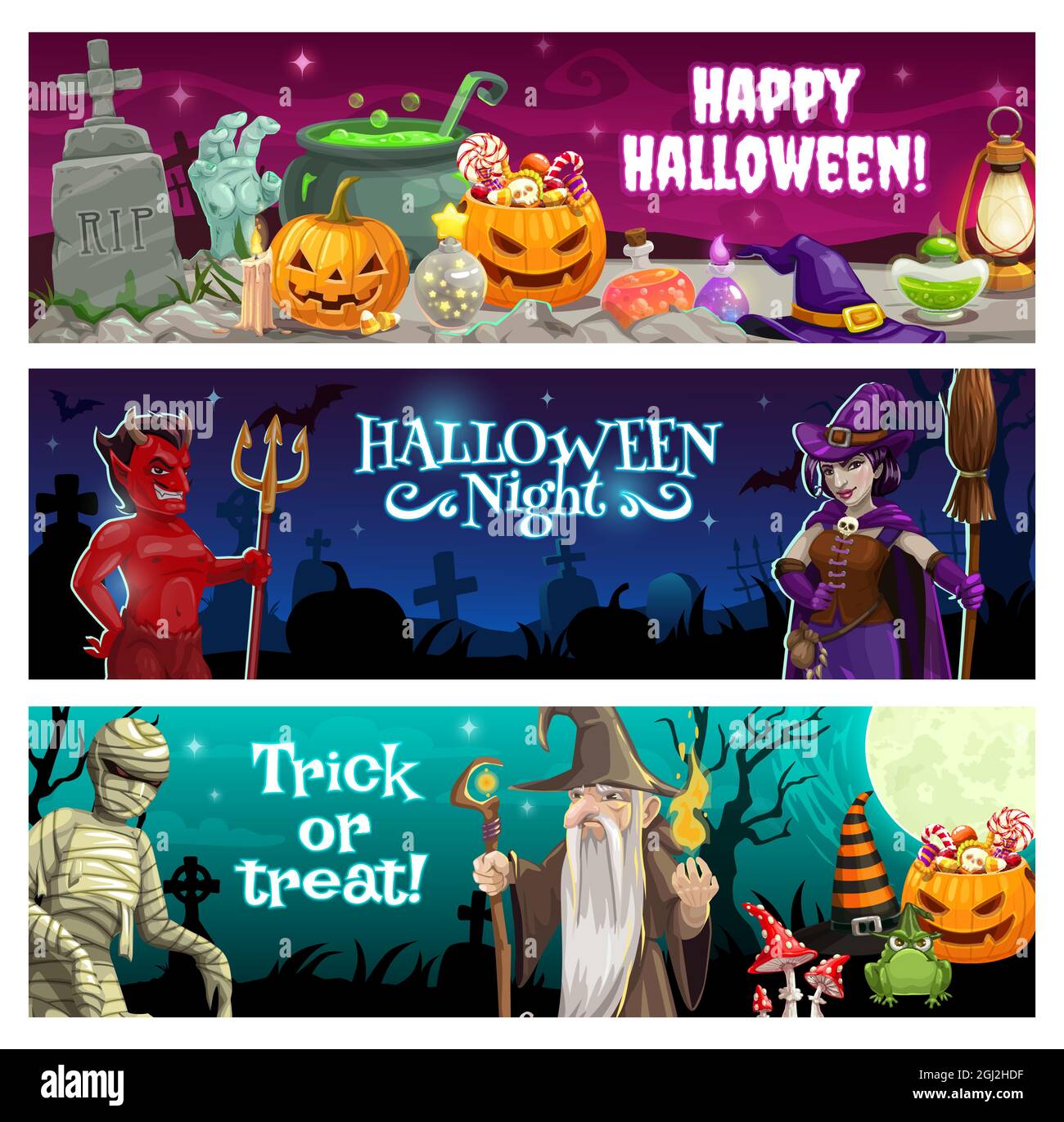 Banderoles joyeuses halloween avec gâteries et monstres. Diable avec ...