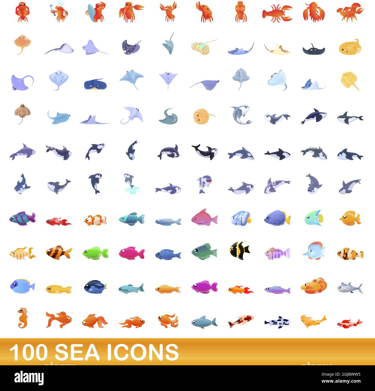 100 icônes de mer définies. Illustration de dessin animé de 100 icônes ...