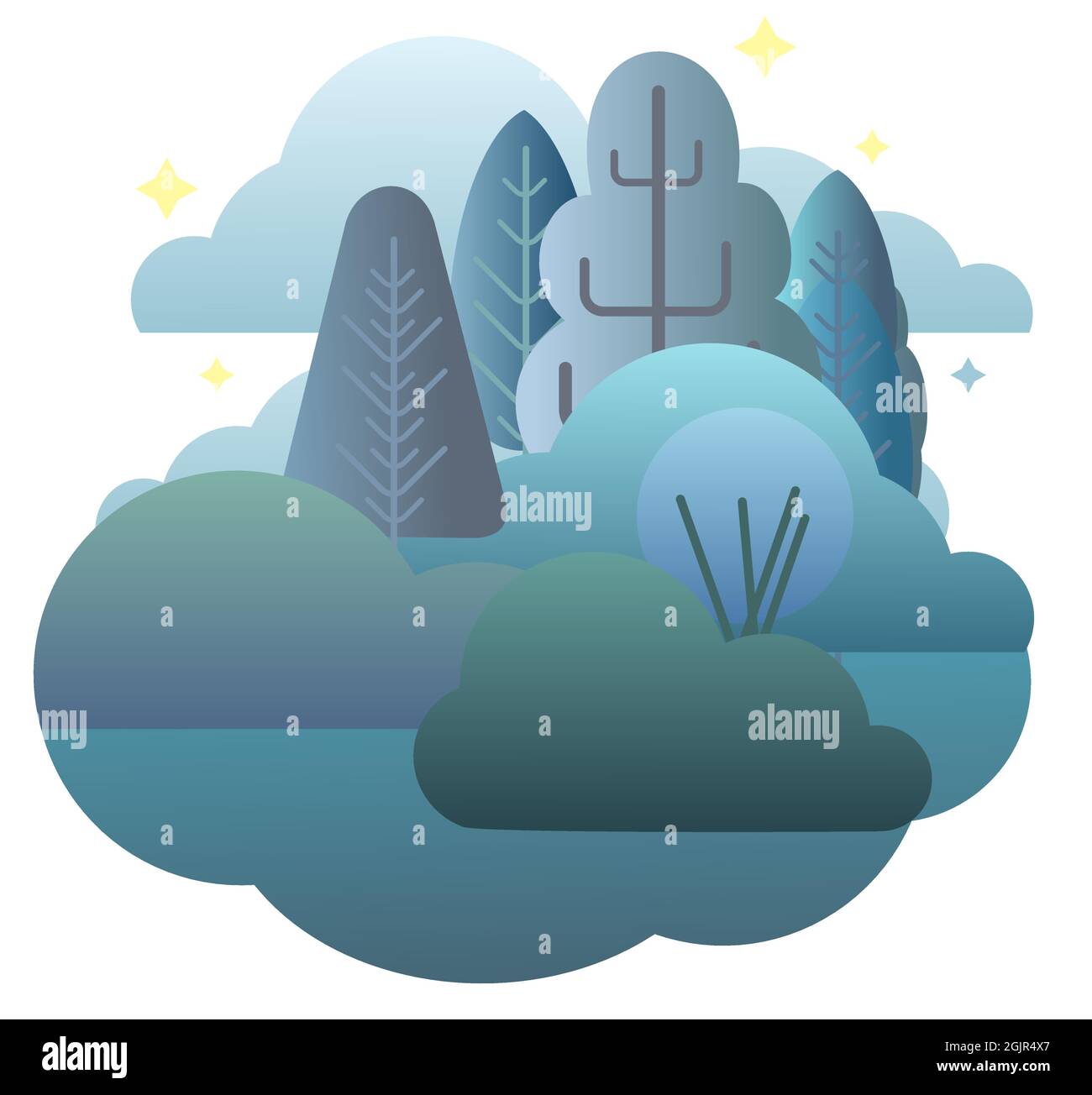 Forêt nocturne. Illustration symbolique de style dessin animé plat ...