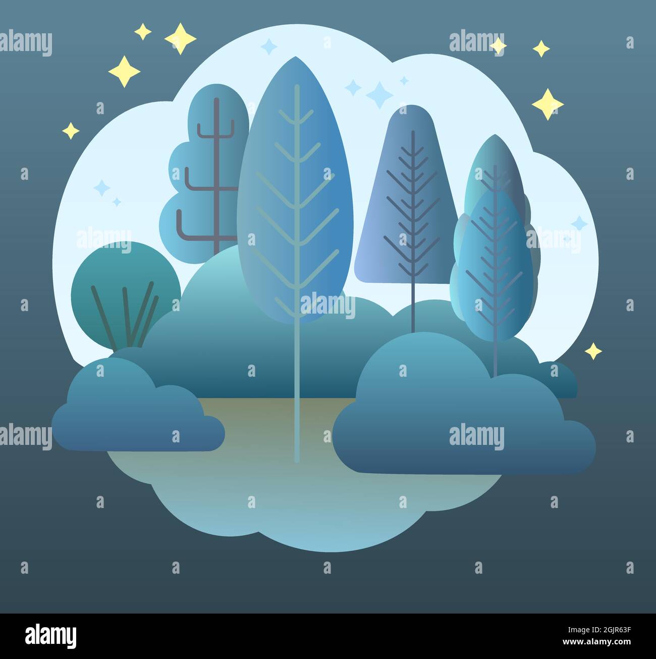 Forêt nocturne. Illustration symbolique de style dessin animé plat ...