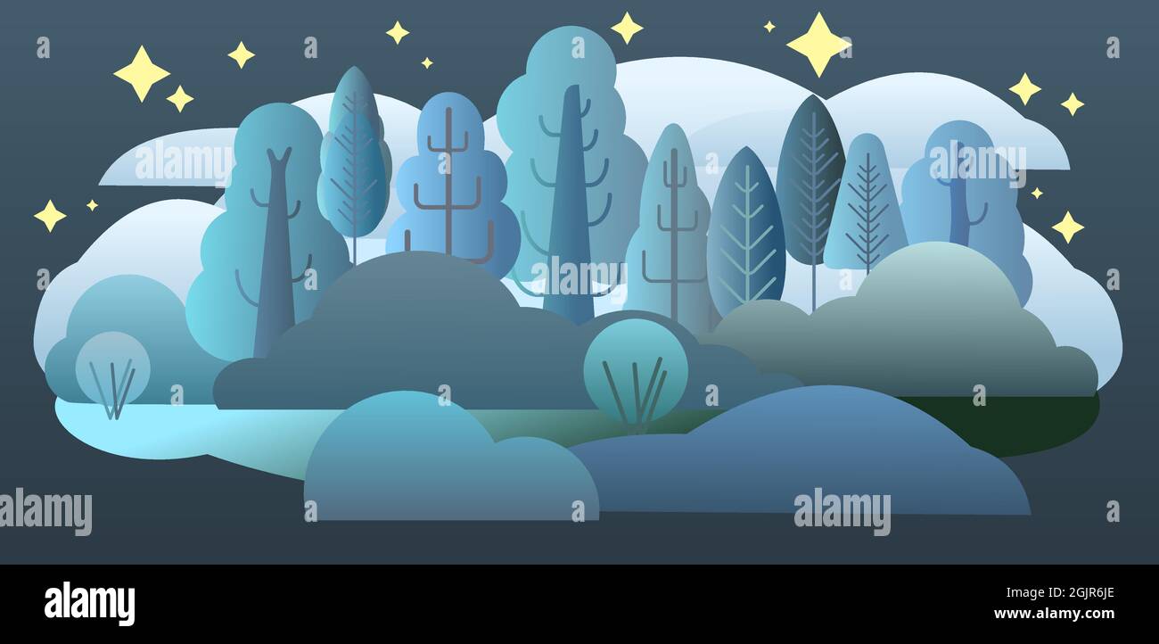 Forêt nocturne. Illustration symbolique de style dessin animé plat ...