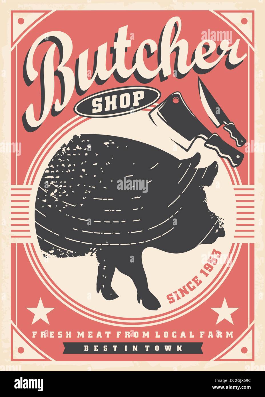 Affiche rétro de l'atelier de boucher. Publicité de boucher la ...