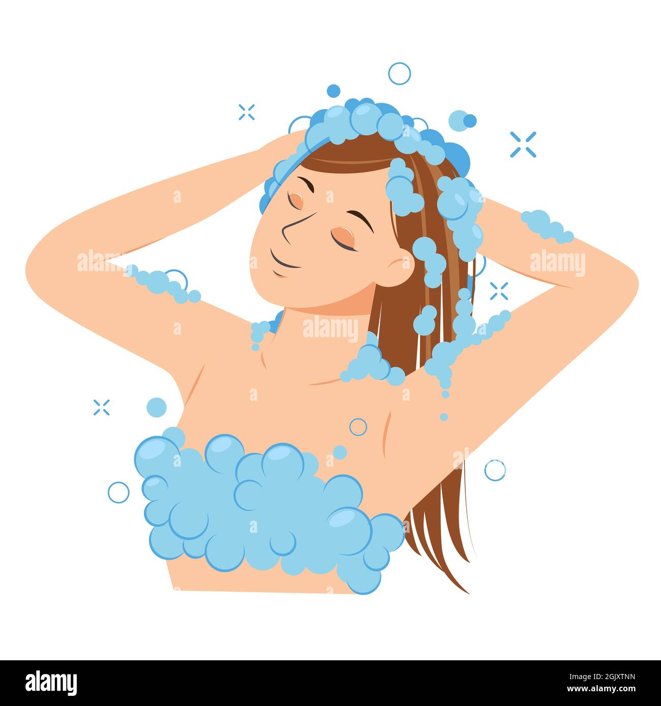 Jeune femme tête de lavage avec shampooing dans la salle de bains ...