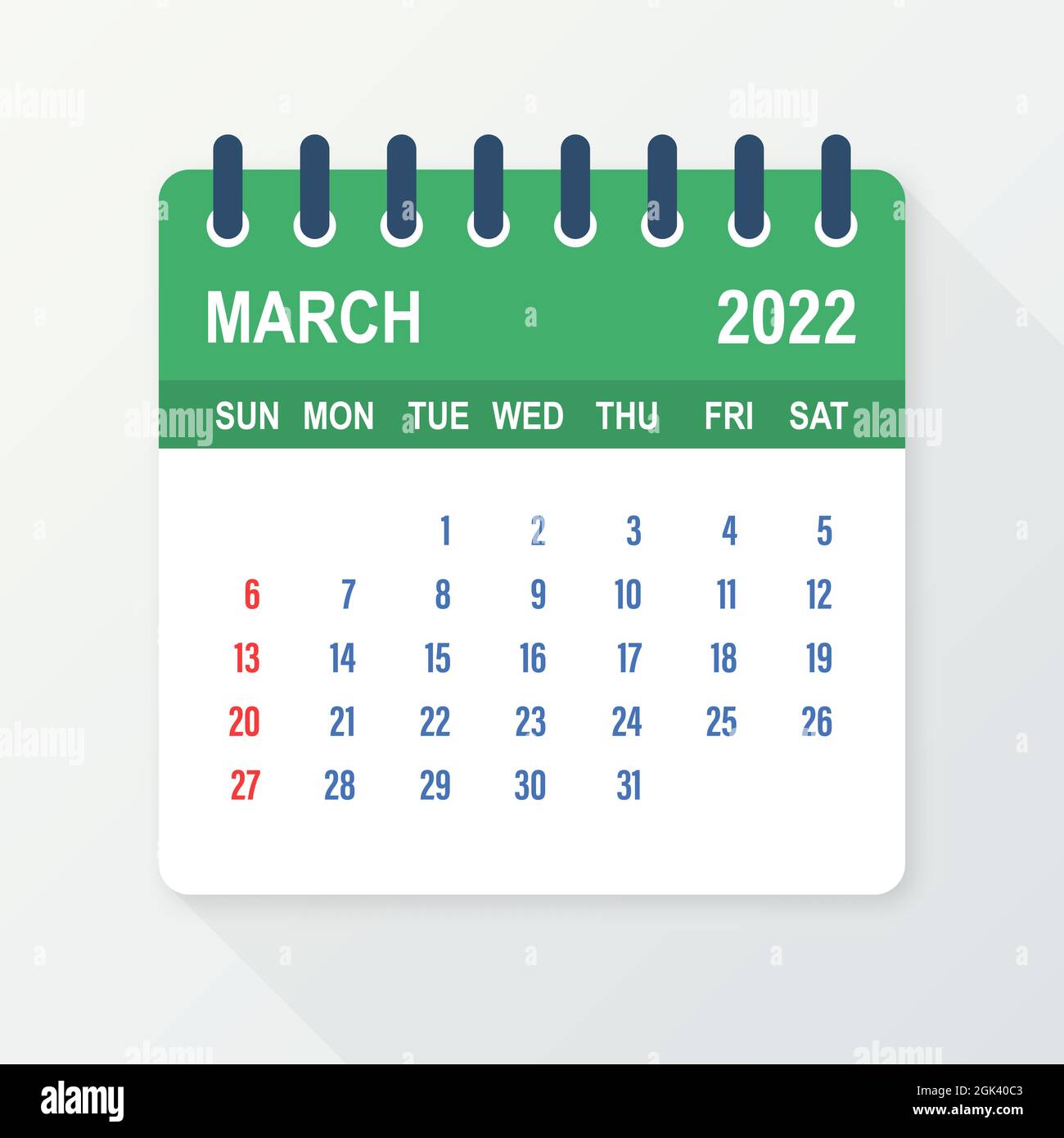Feuille de calendrier de mars 2022. Calendrier 2022 à plat ...
