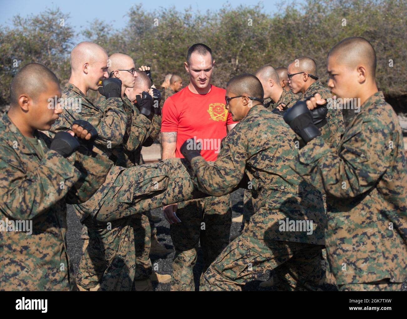 Un instructeur de forage du corps des Marines des États-Unis avec Alpha Company, 1er Bataillon d ...