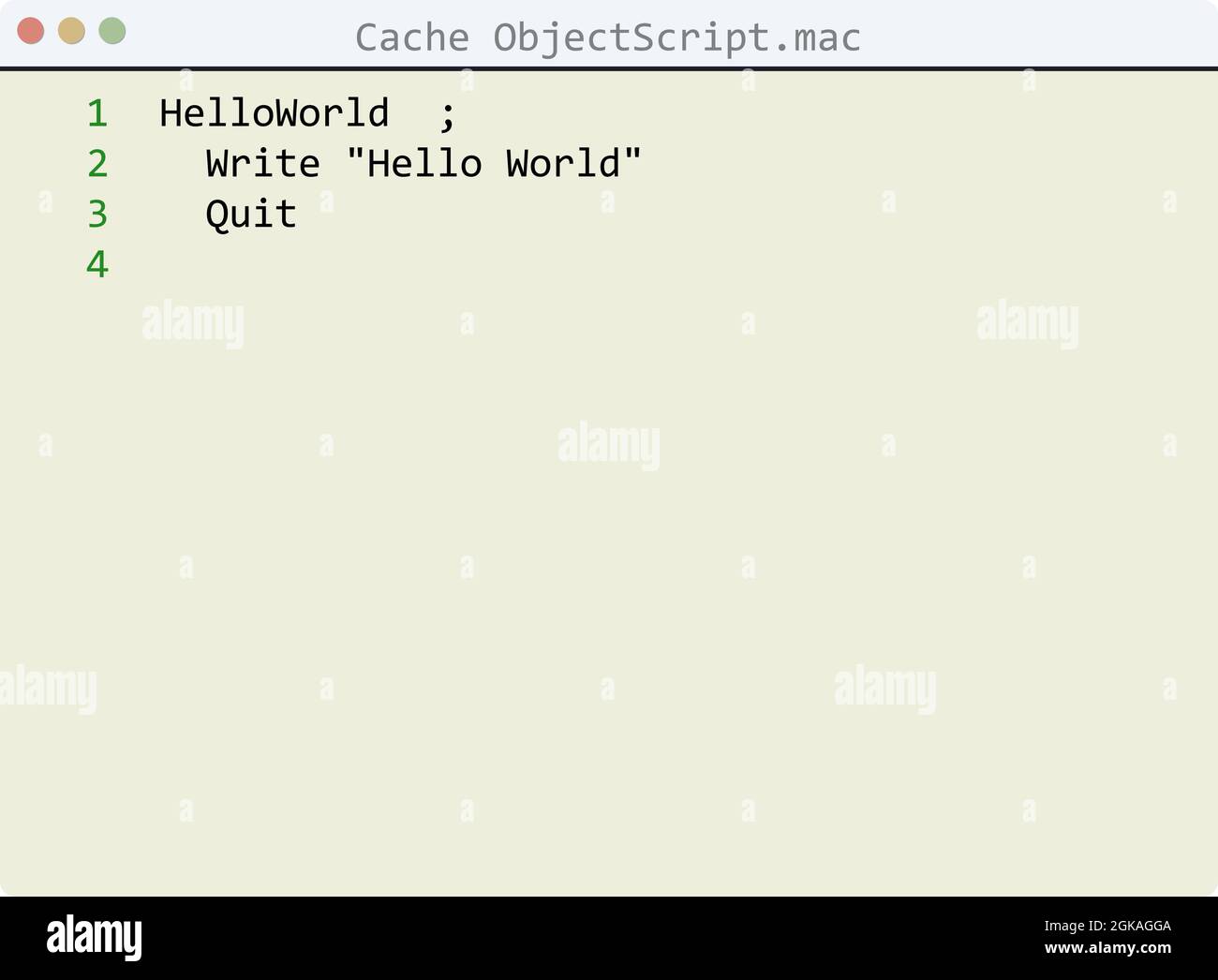 Cache ObjectScript langue Hello World exemple de programme dans l'illustration de la fenêtre de ...