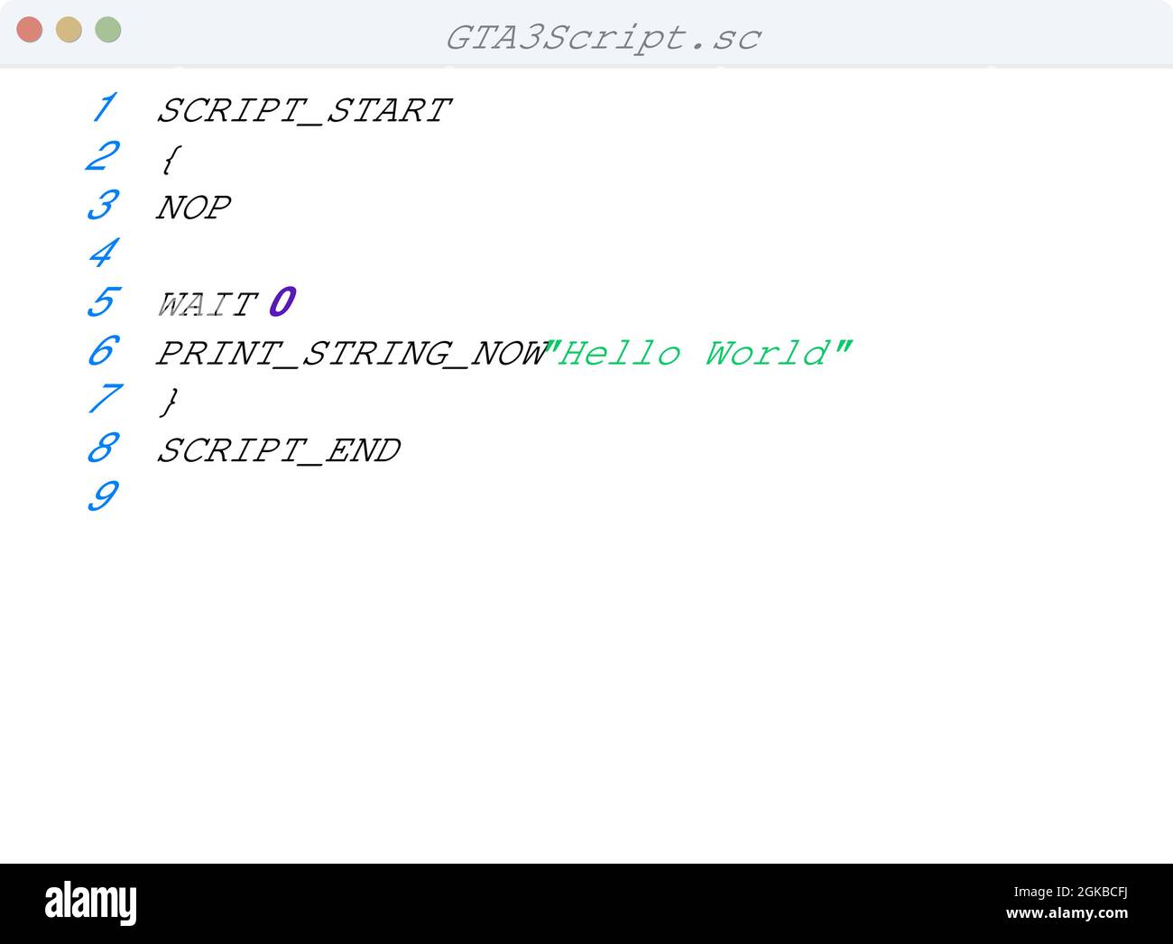 GTA3Script langue Hello World exemple de programme dans l'illustration ...