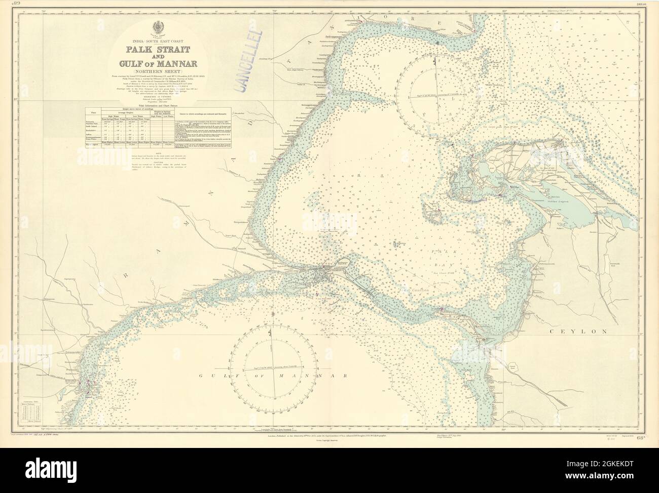 Détroit de Palk Golfe de Mannar Pont d'Adam carte de L'AMIRAUTÉ du Sri ...