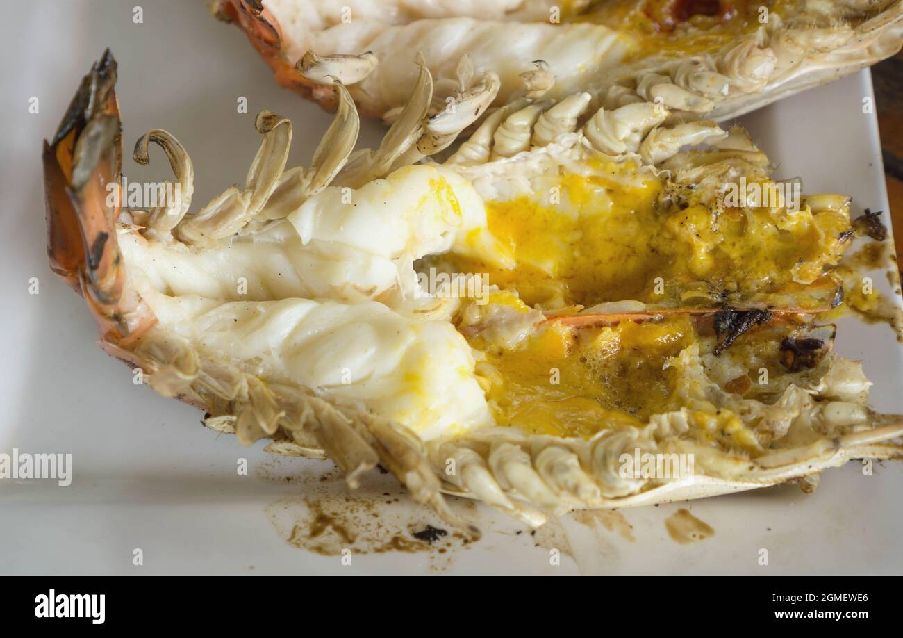 Crevettes géantes grillées ou grosses crevettes sur une assiette ...