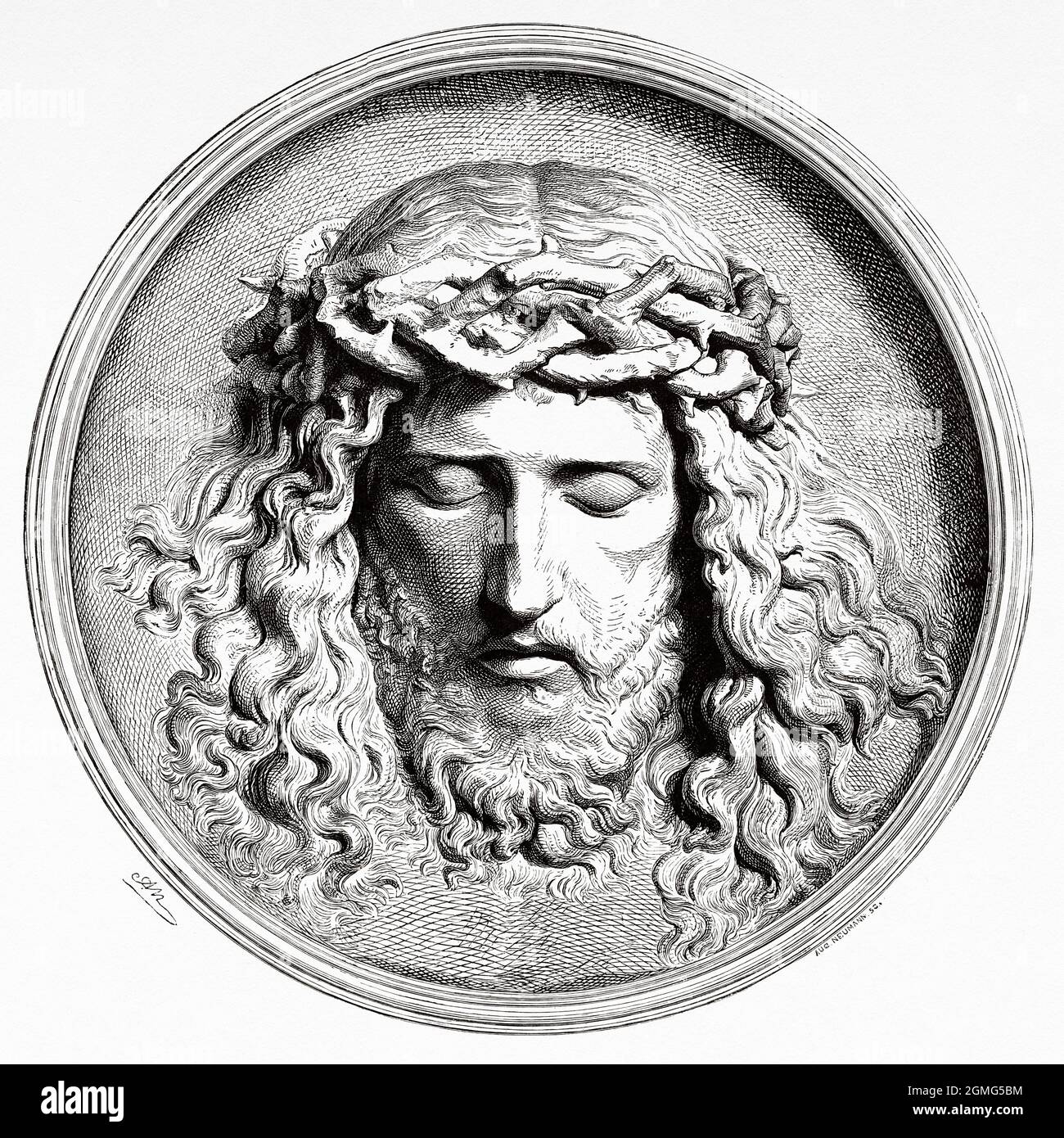 Jésus Christ avec couronne d'épines. Ancienne illustration gravée du XIXe siècle de la ...