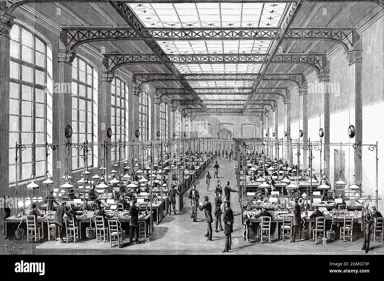 Nouvelle station centrale de télégraphe à Paris 1884, France. Europe ...