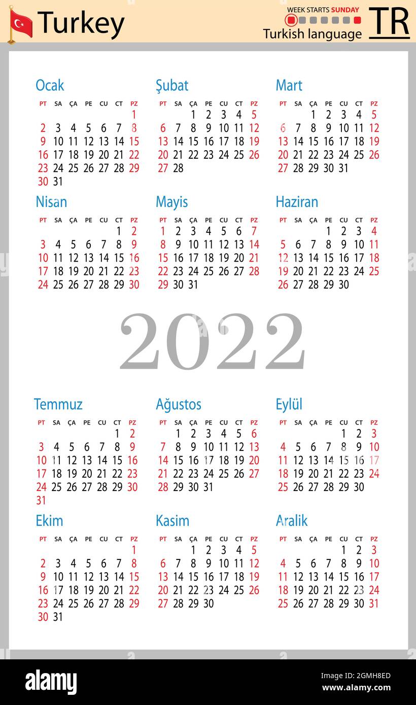 Calendrier turc de poche verticale pour 2022 (deux mille vingt deux ...