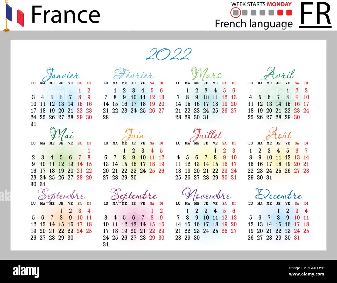 Calendrier de poche horizontal français pour 2022 (deux mille vingt ...