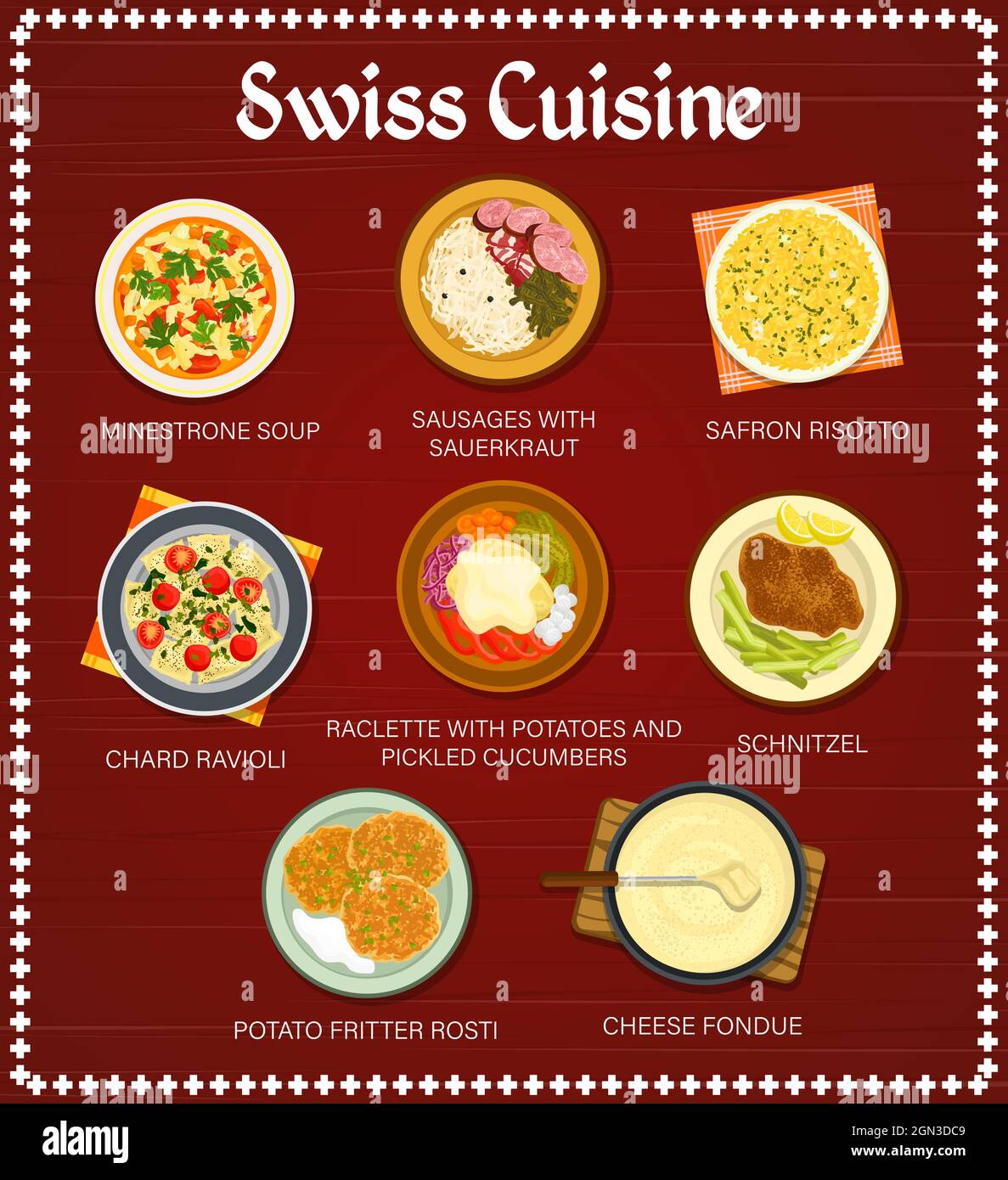 Modèle de menu de repas de restaurant de cuisine suisse. Ritter Rosti ...