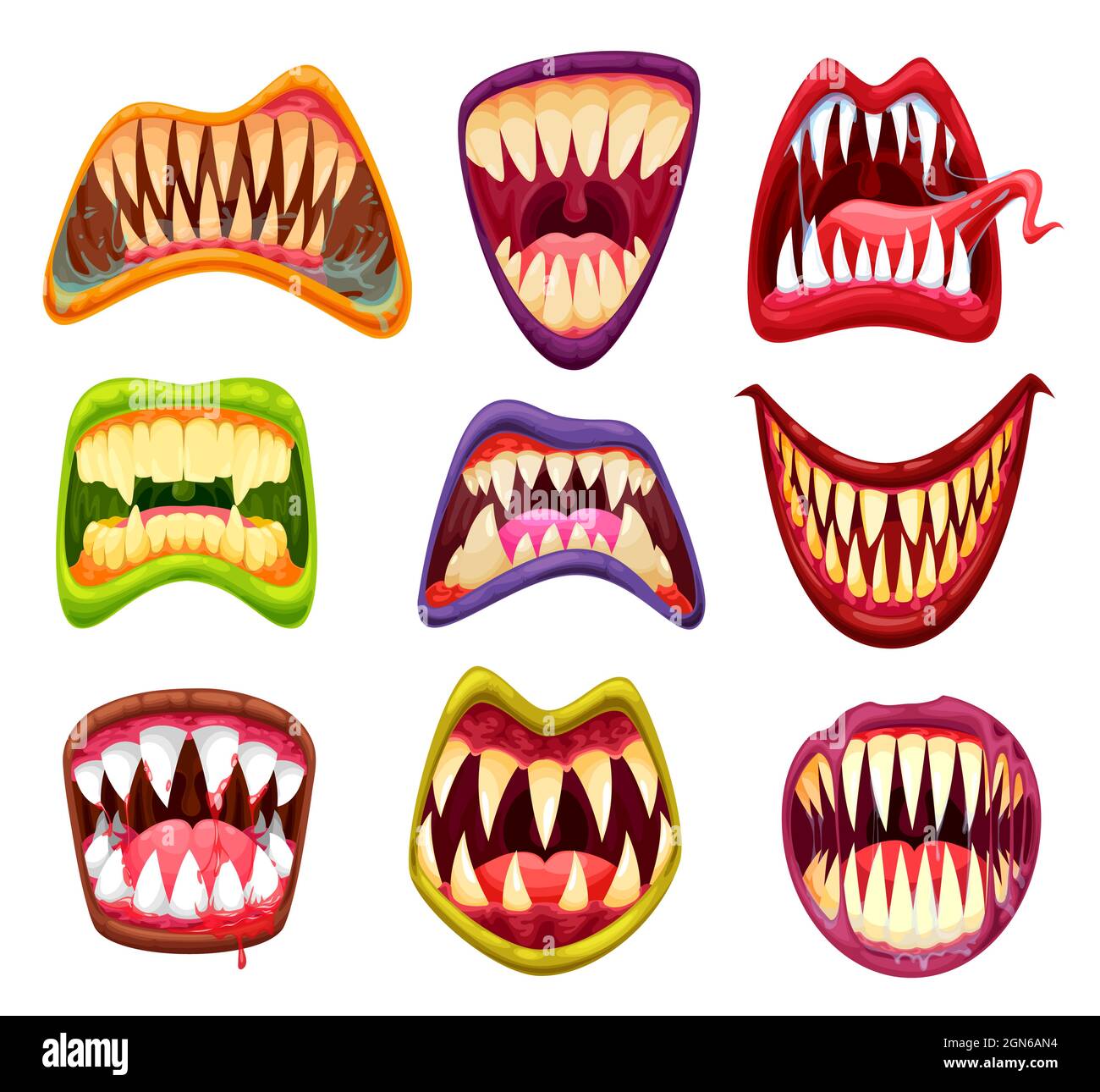 Bouches et mâchoires de monstre, dents et langues de dessin animé ...