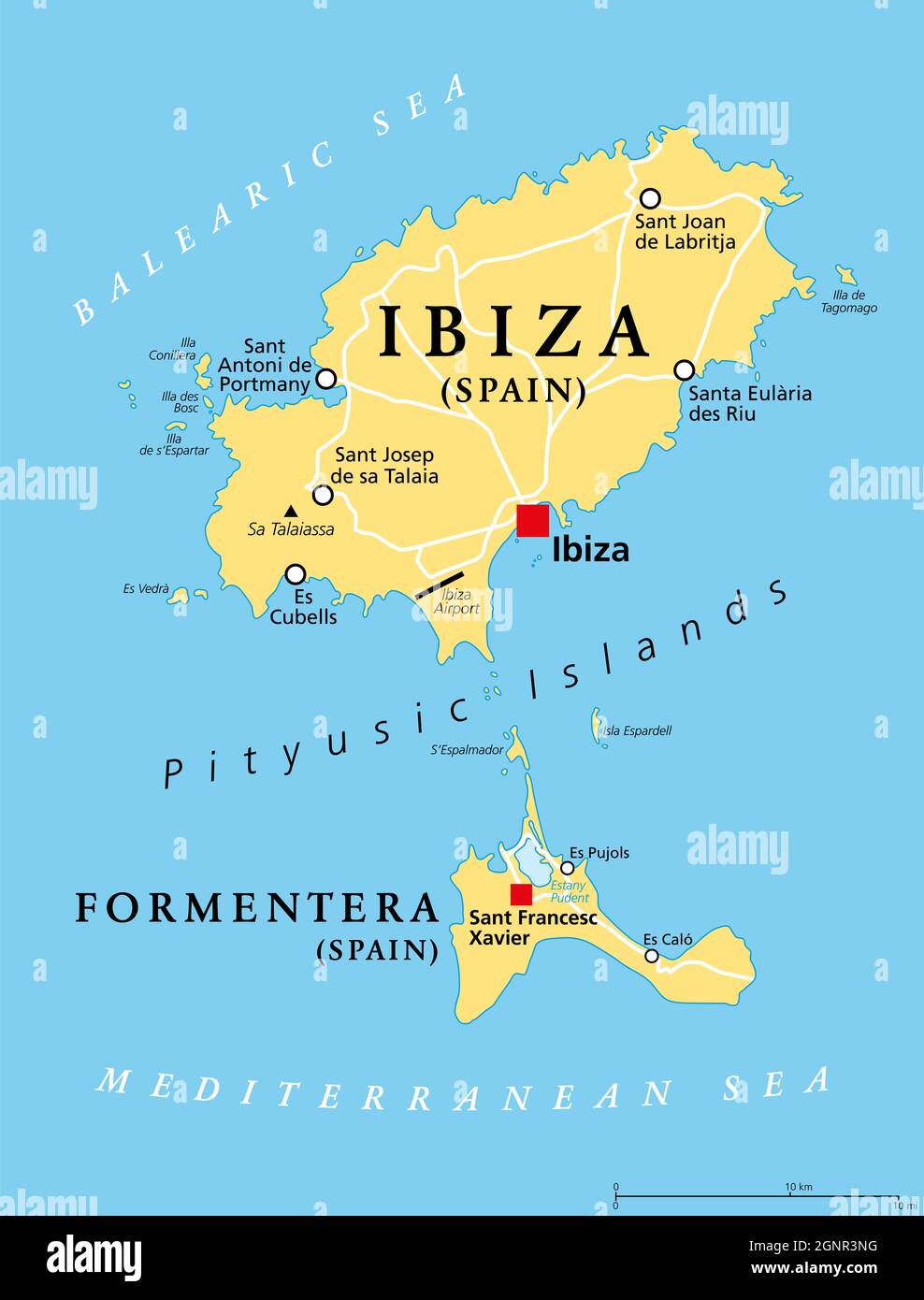 Ibiza et l'île de Formentera, Espagne, carte politique. Îles Pityusic ...