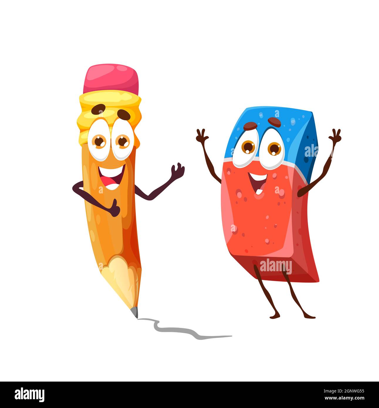 Dessin animé drôle école crayon et caractères de gomme. Joyeux sourire ...