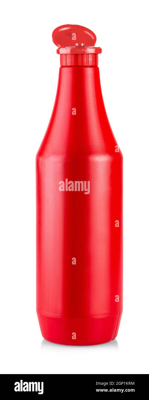 Bouteille en plastique ouverte de sauce ketchup isolée sur fond blanc ...