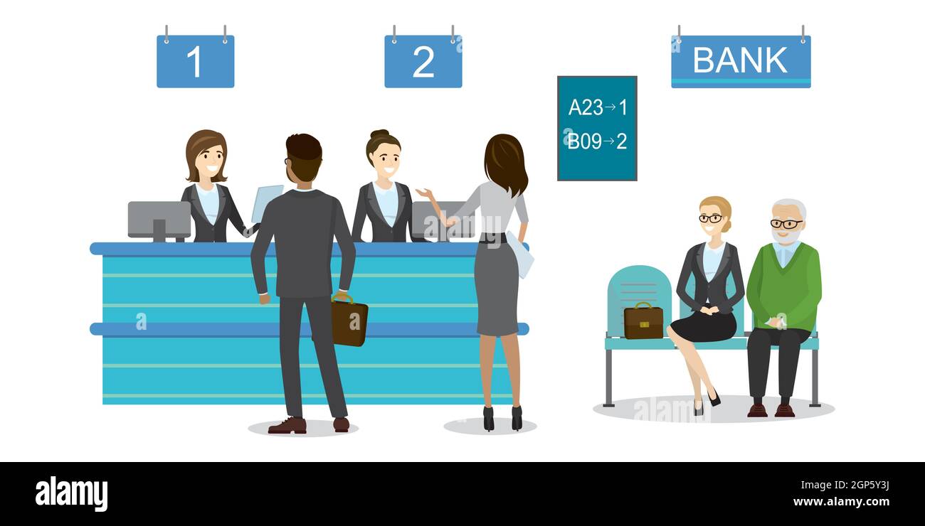 Clients masculins et féminins debout et parlant aux gestionnaires de ...