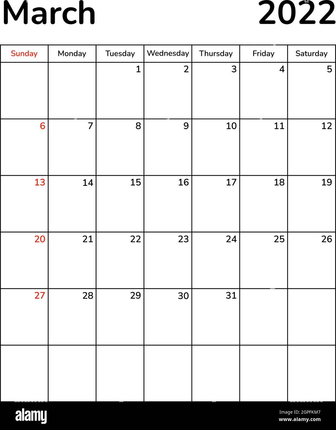 Planificateur pages mensuelles 2022. Page de calendrier du mois de mars ...