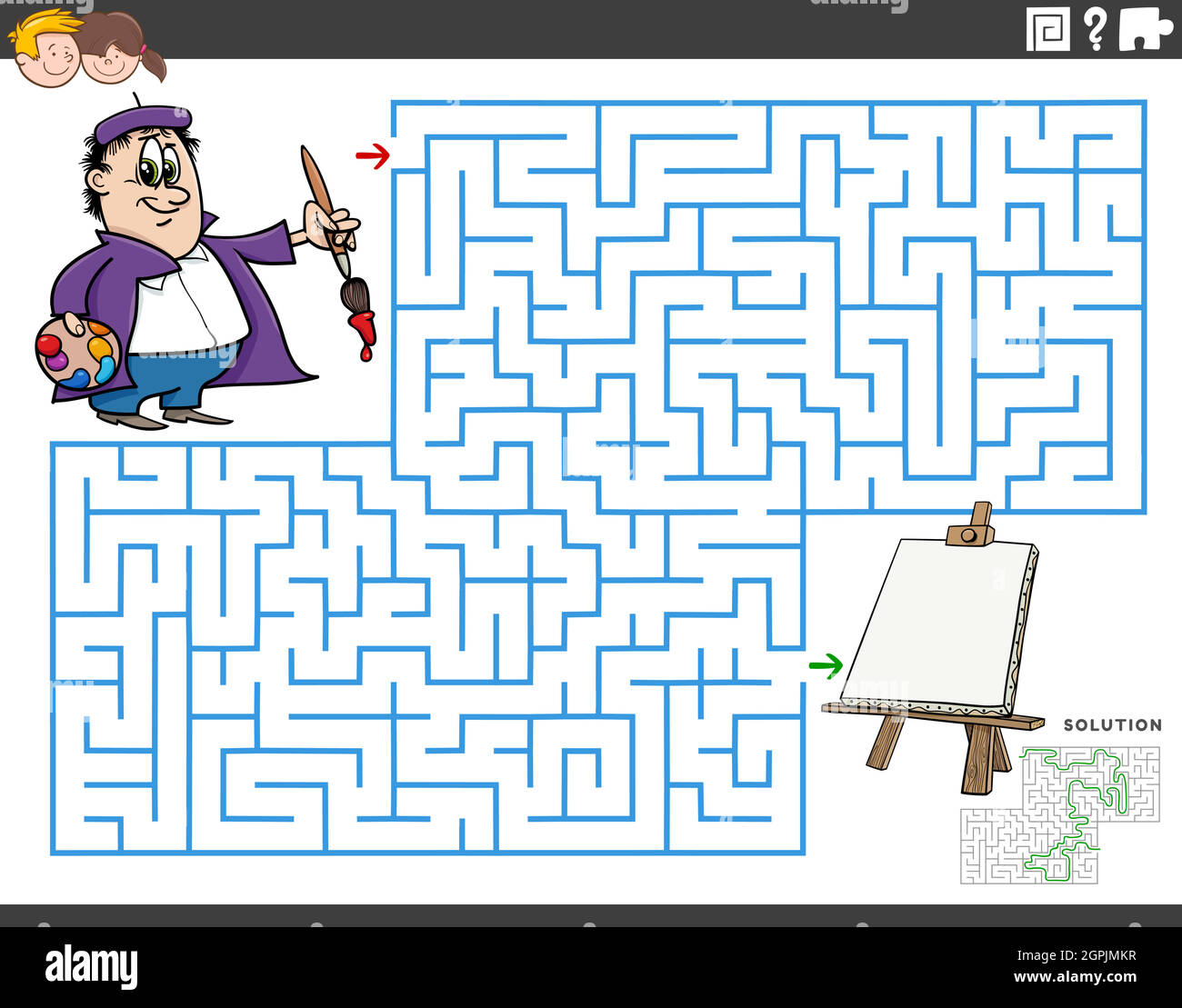 jeu éducatif labyrinthe avec peintre de dessin animé et chevalet Image ...