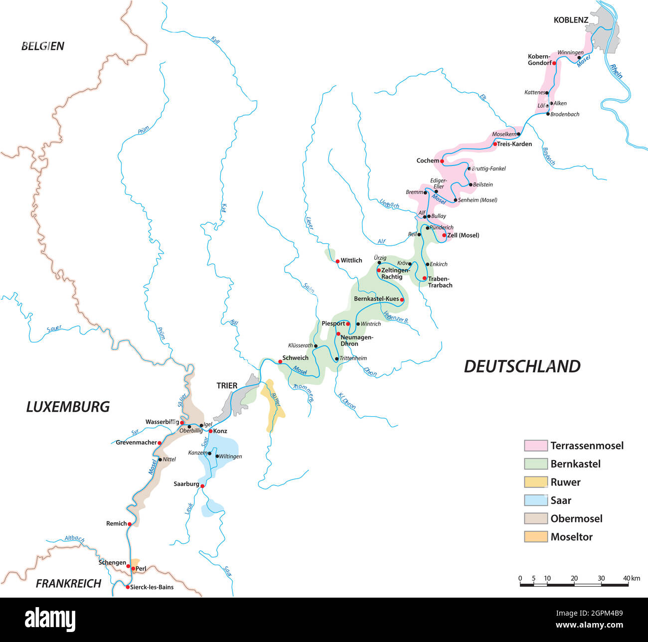 Carte vectorielle des zones viticoles de la Moselle, Allemagne Image ...