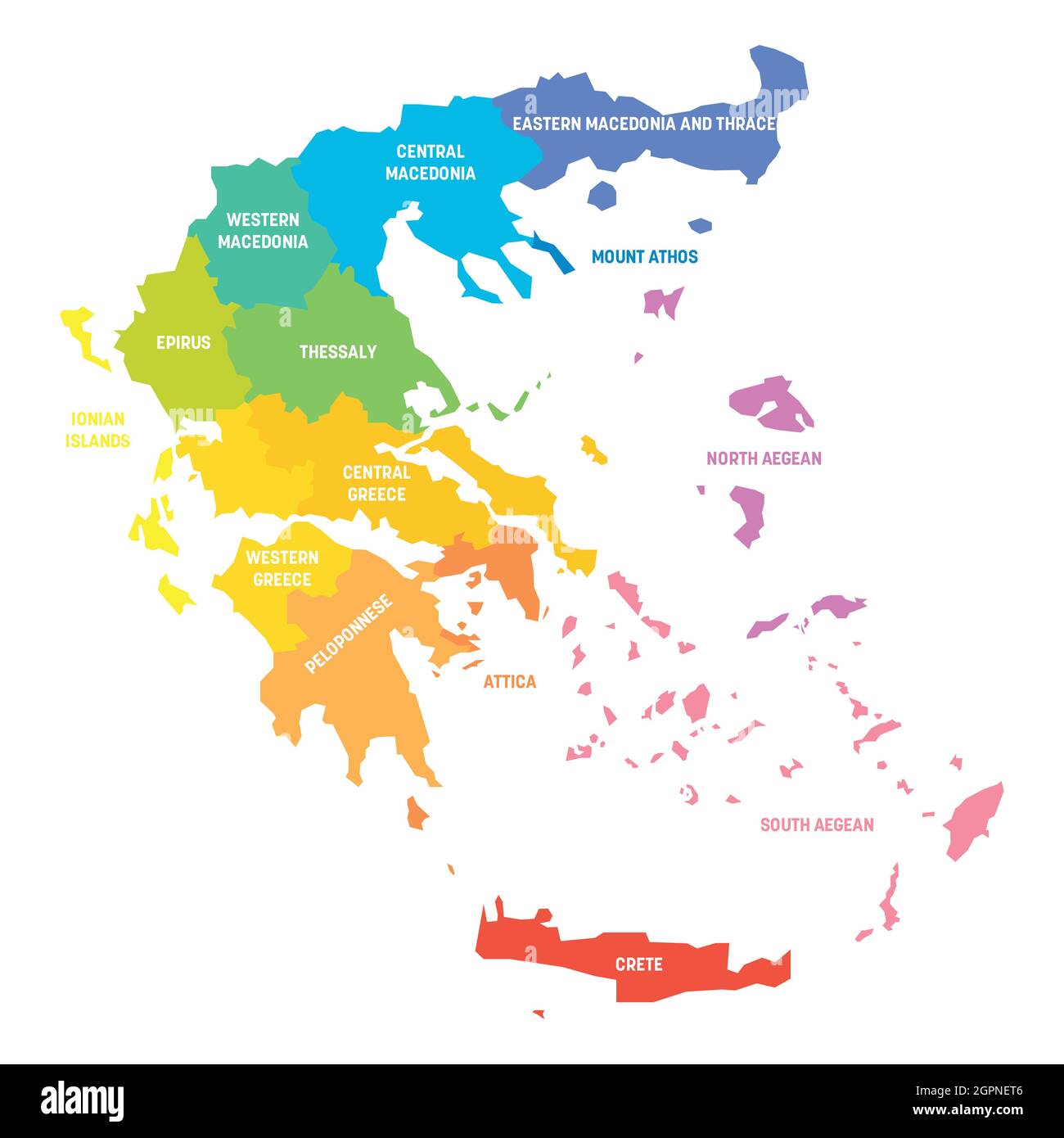 Carte politique colorée de la Grèce. Divisions administratives ...