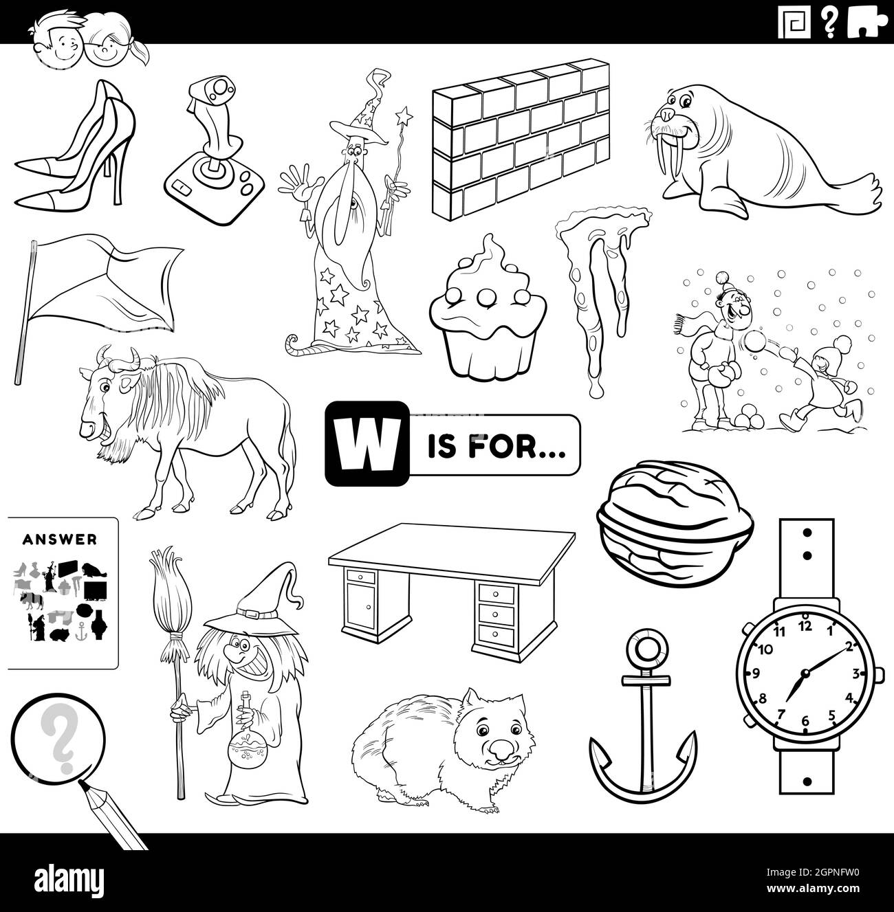 lettre w mots education tâche coloriage livre page Image Vectorielle ...