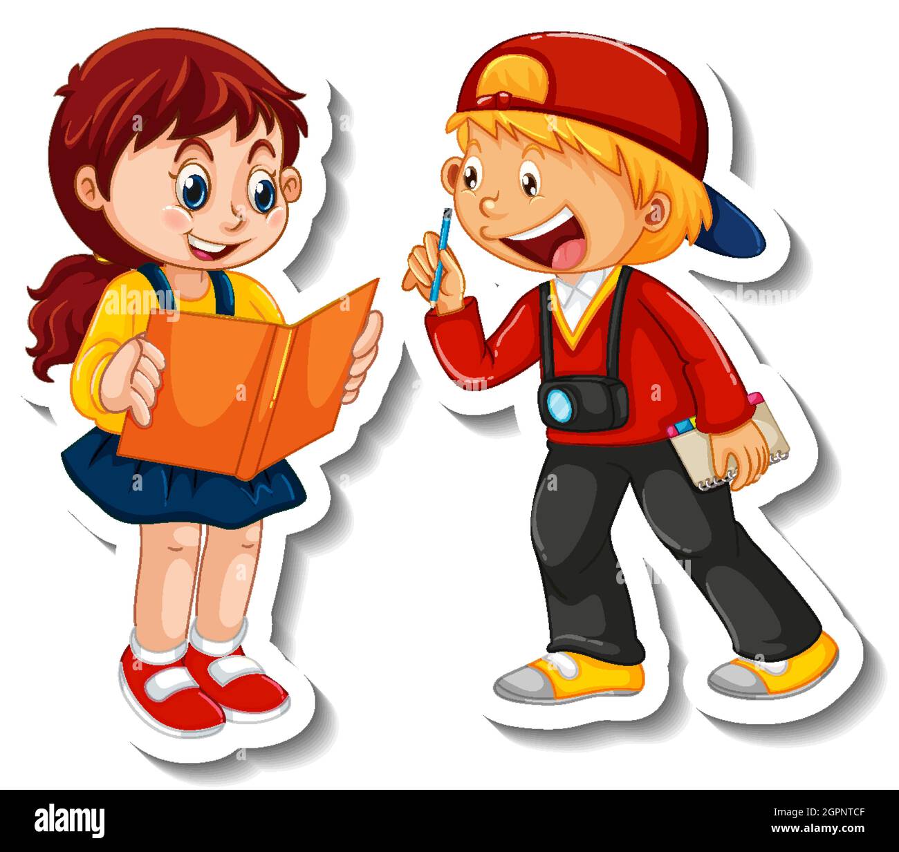 Modèle d'autocollant avec deux enfants élèves dessin animé personnage ...