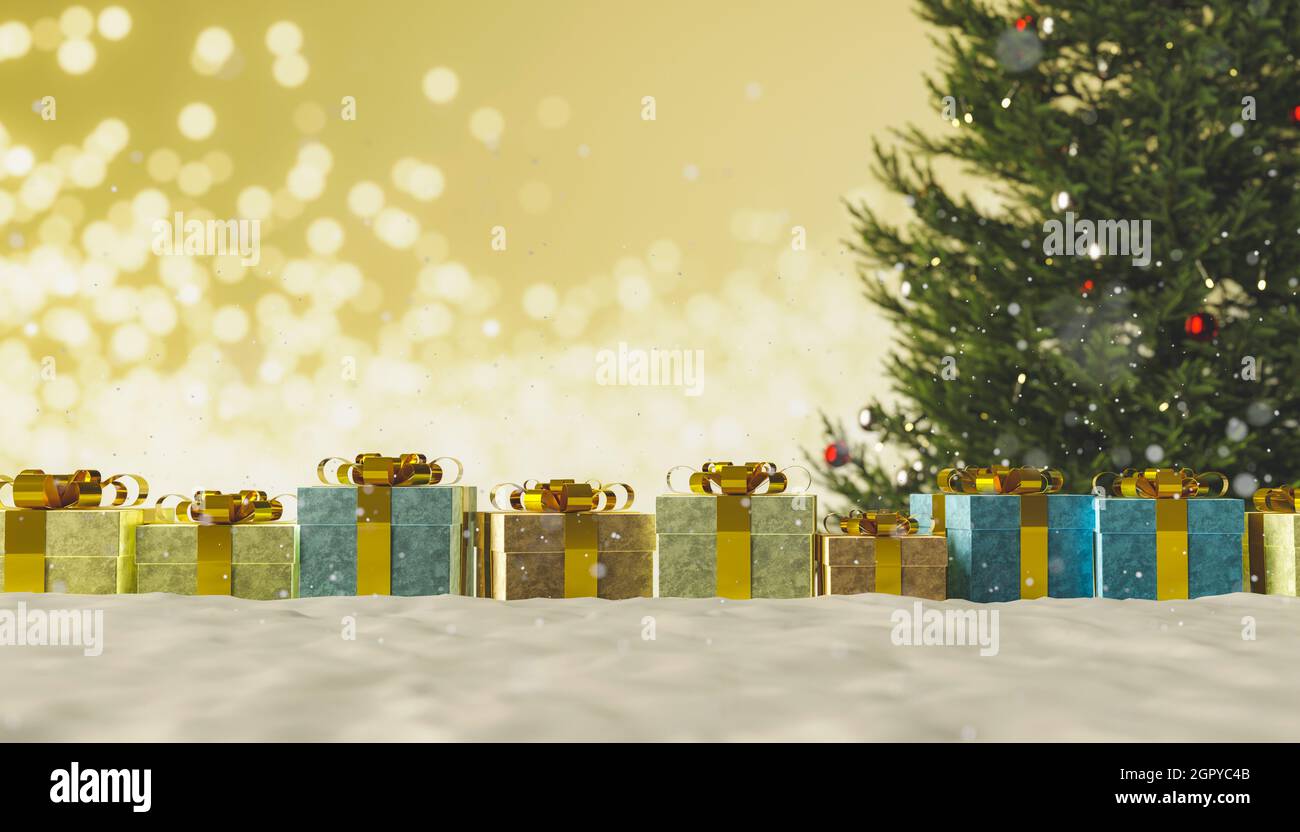 arrière-plan de noël enneigé avec rangée de cadeaux et arbre de noël ...