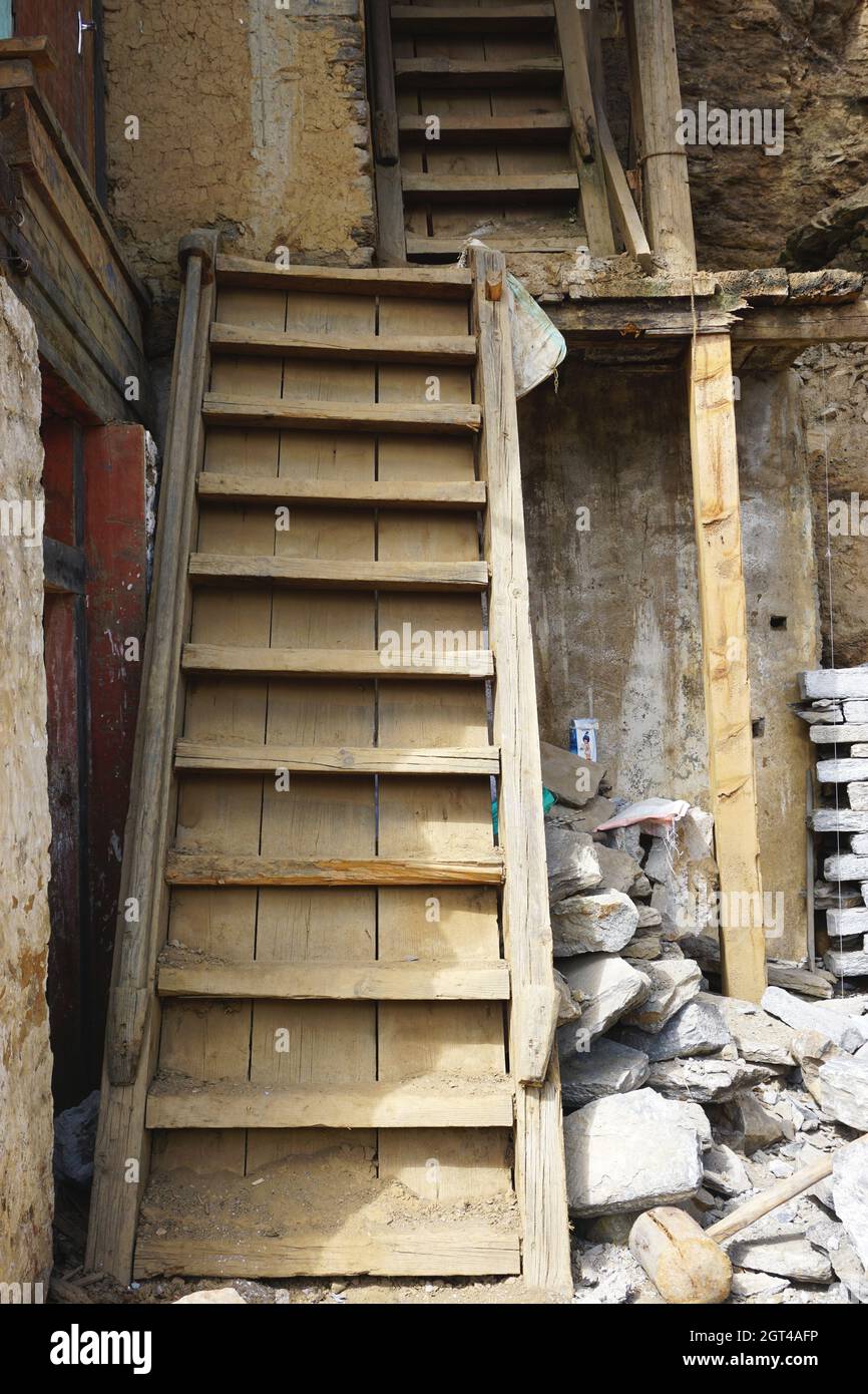 Escalier en bois escarpé sur le terrain du monastère Chagri Dorji Dhen, dans la campagne du ...