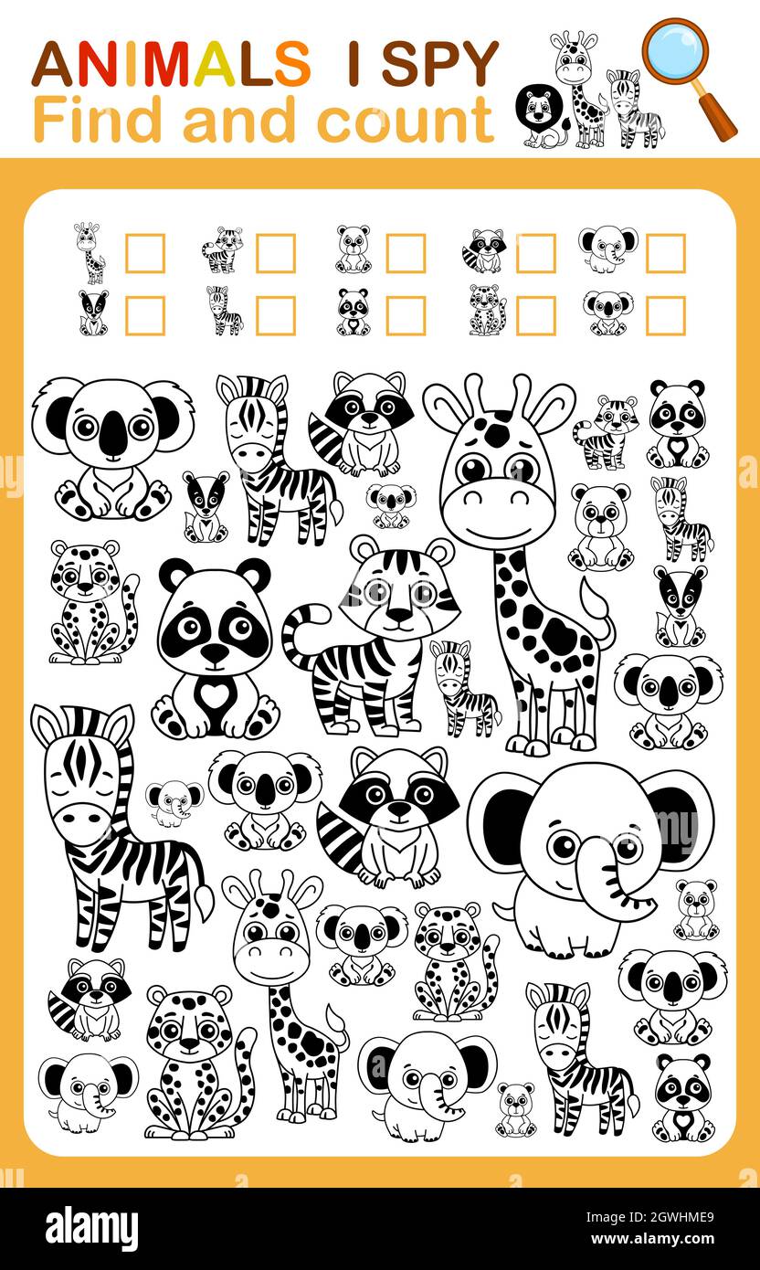 Page de livre de coloriage i SPY. Compter et colorer les animaux du zoo ...