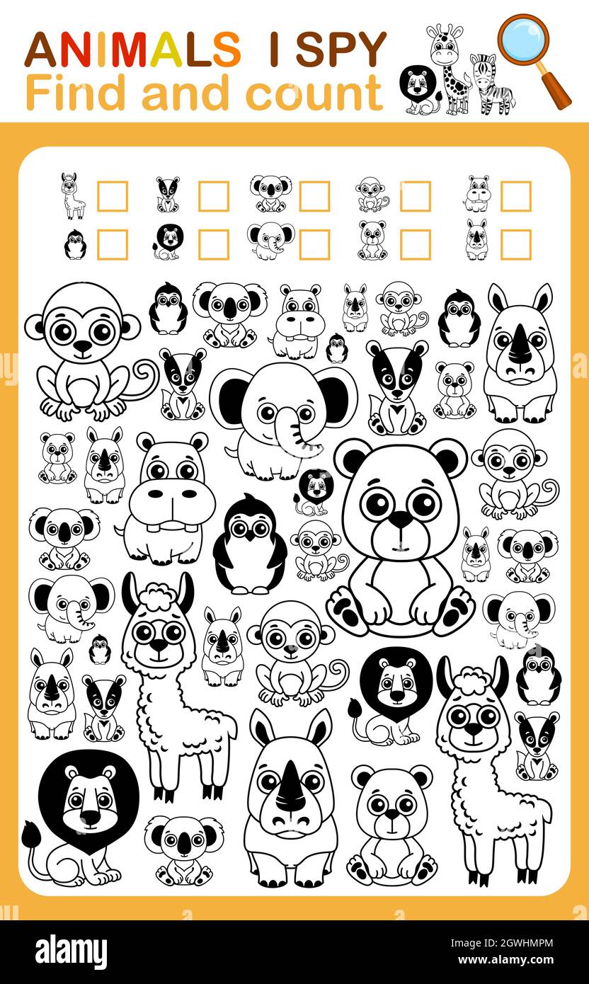 Page de livre de coloriage i SPY. Compter et colorer les animaux du zoo ...