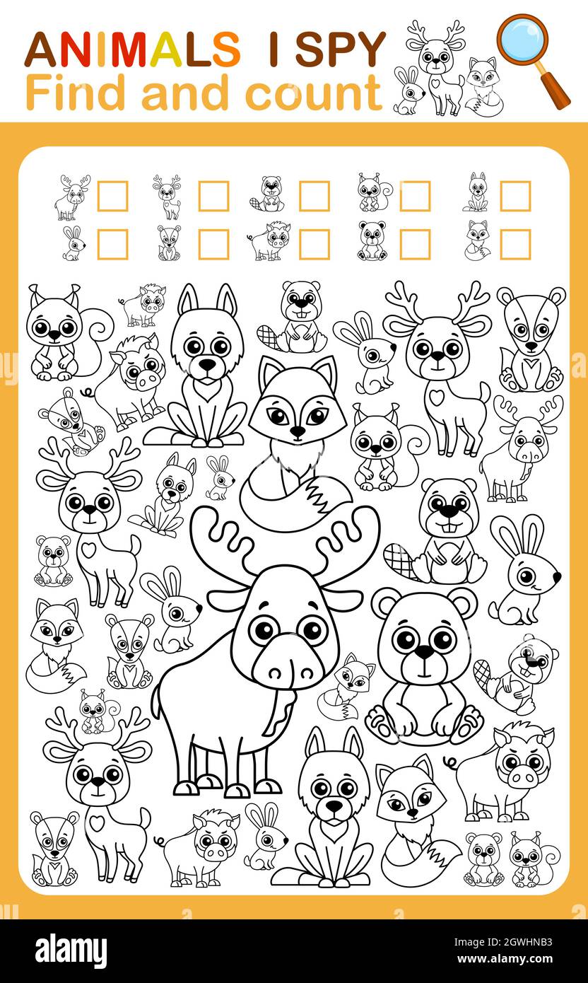 Page de livre de coloriage i SPY. Compter et colorer les animaux ...