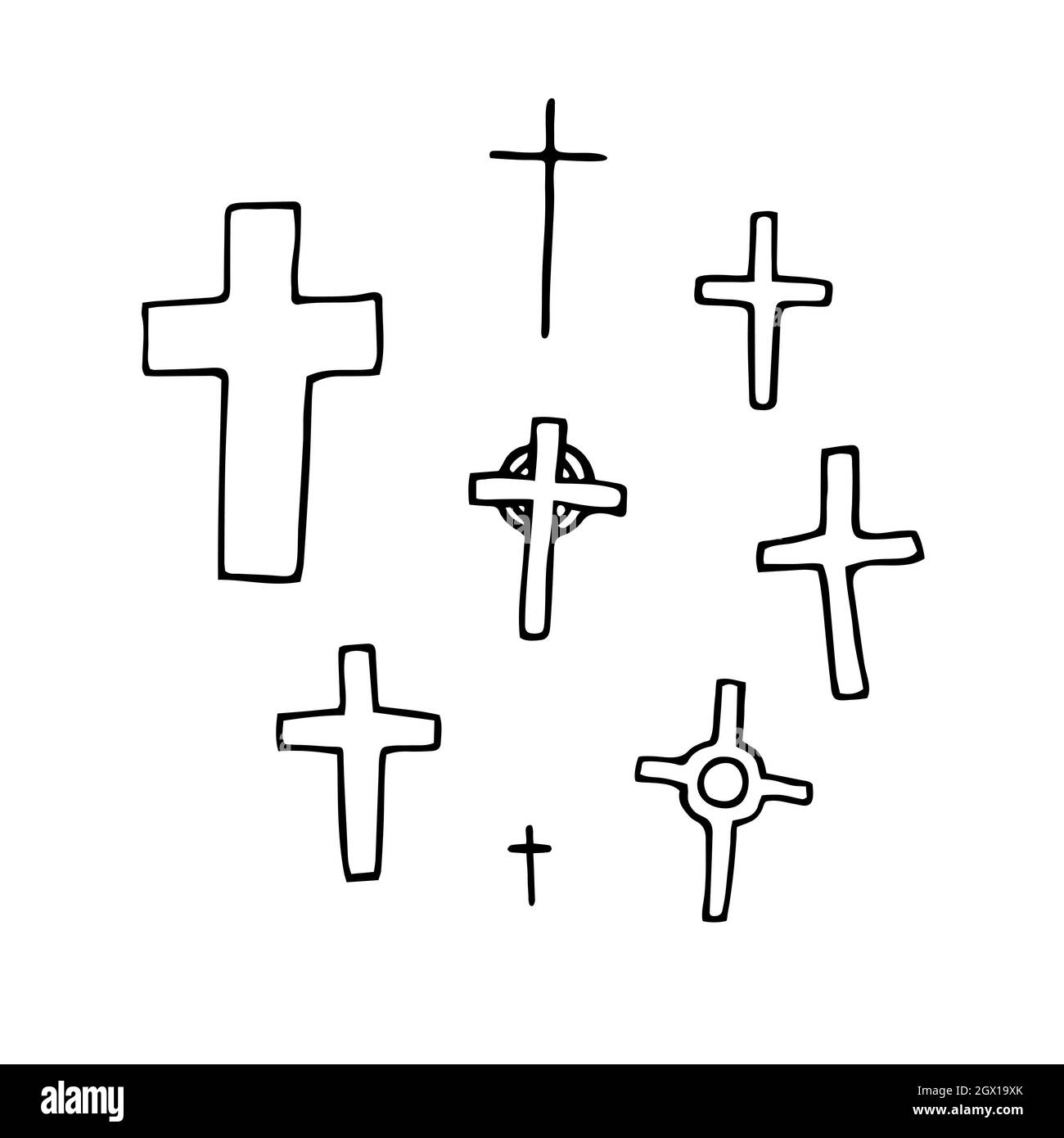 Ensemble de croix Doodle. Contour grave isolé sur fond blanc. Signe d ...