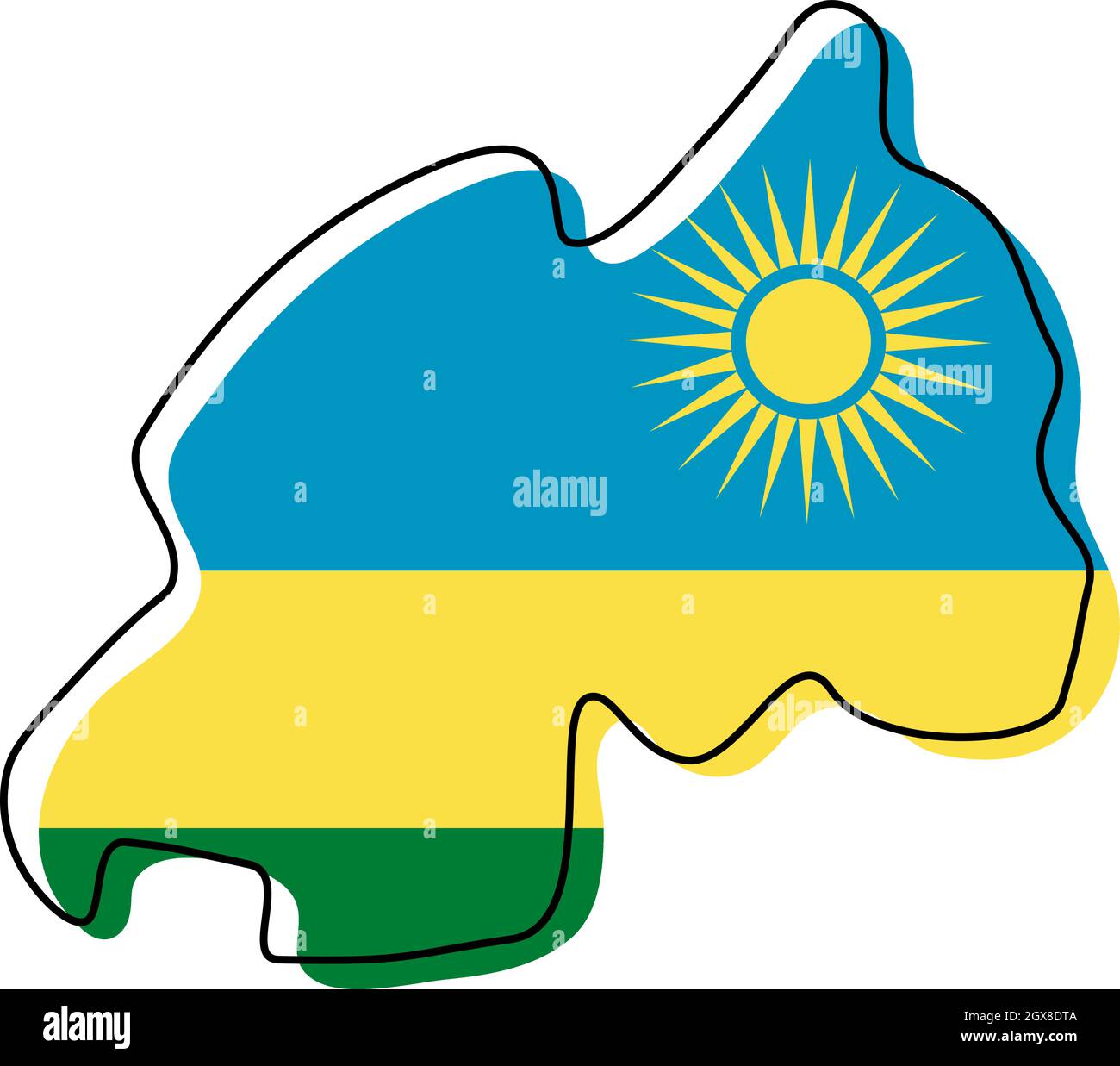 Carte stylisée du Rwanda avec icône de drapeau national. Carte couleur ...