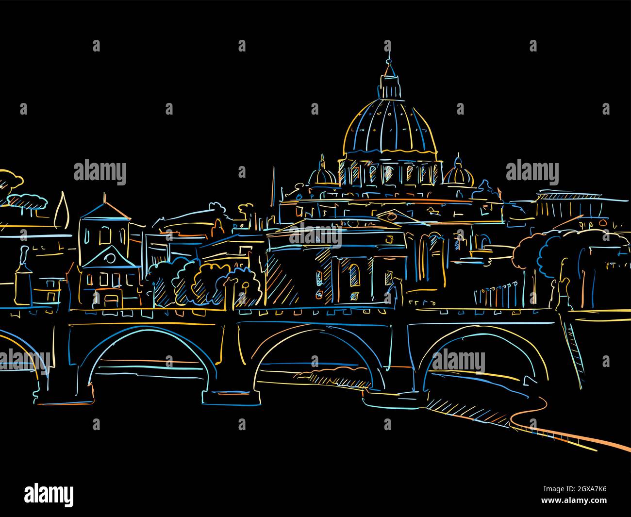 Rome Skyline colorée dessin sur noir. Dessin vectoriel bien conçu pour ...