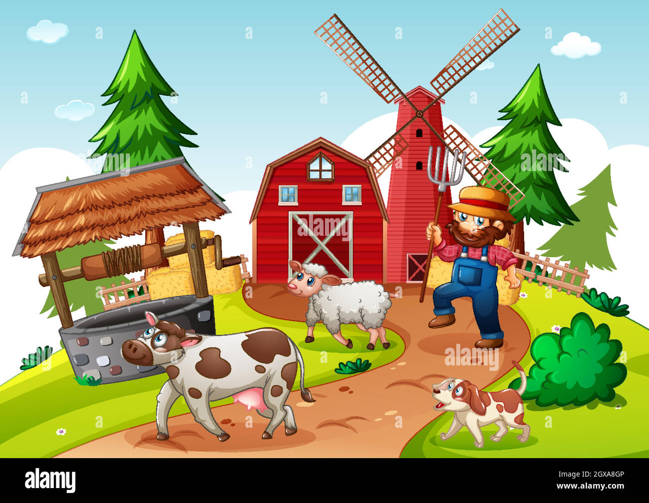 Fermier avec ferme d'animaux dans la scène de ferme dans le style de ...